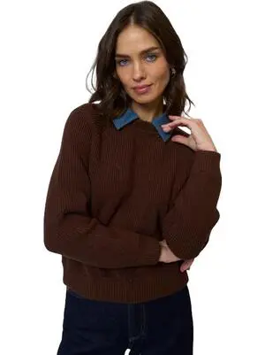 Central Park West Denim Collar Pullover Brown
