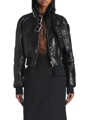 Alexander McQueen Lambskin Leather Cropped Bomber Jacket With Belt Detail - Black