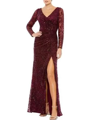 Mac Duggal Long Sleeve Sequined V-neck Gown - Garnet