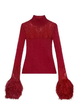 Blumarine Feather-trimmed Lace Top - Red