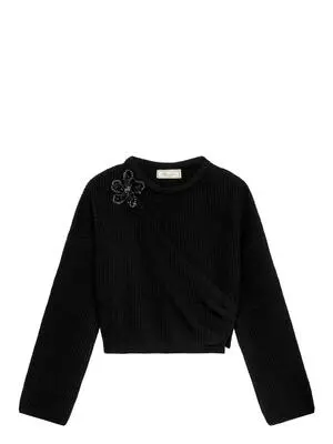 Blumarine Floral-appliqué Ribbed-knit Sweater - Black