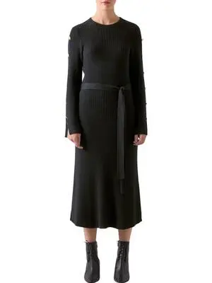 LK BENNETT Mirren Long Sleeve Rib Organic Cotton Maxi Dress - Black