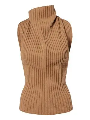 Victoria Beckham Draped Ribbed-knit Wool-blend Top - Brown