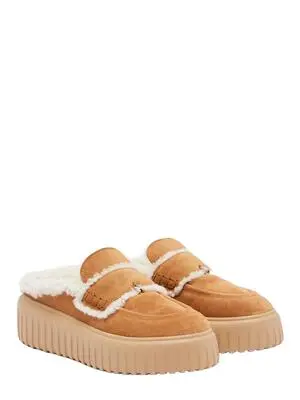 Hogan Shearling-trimmed Suede Slippers - Beige