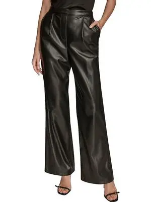 Donna Karan New York Pull On Faux Leather Wide Leg Pants - Black