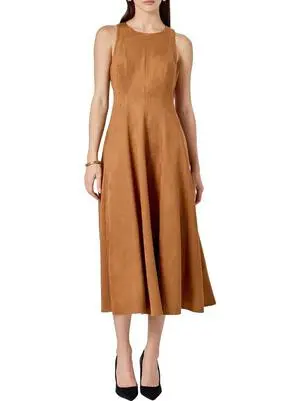 Endless Rose Sleeveless Faux Suede Midi A-Line Dress Camel