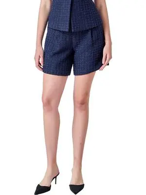 Endless Rose Relaxed Fit Tweed Shorts - Navy
