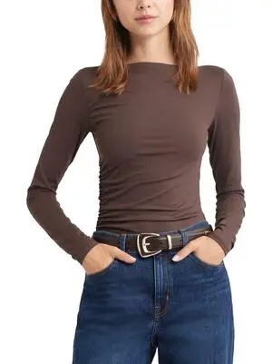 OPEN EDIT Ruched Side Top - Brown Seal