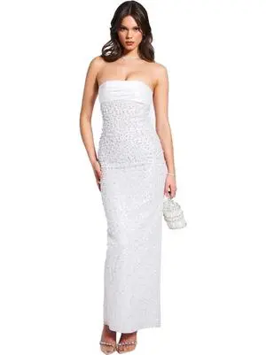 MISS CIRCLE Strapless Sequin And Pearl Beaded Maxi Dress - White