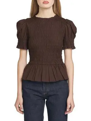 WAYF Matilda Smocked Peplum Top - Chocolate