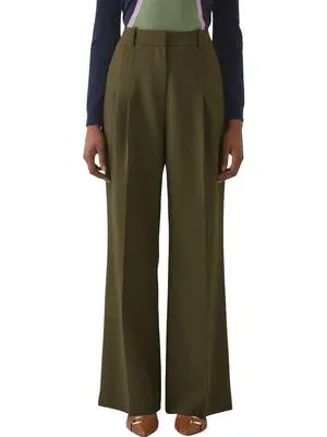 LK BENNETT Petra Pleated Wide Leg Trousers - Dark Khaki