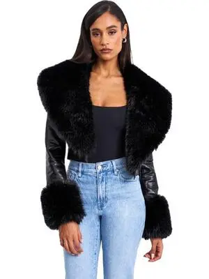 MISS CIRCLE Ziah Cropped Jacket With Fur Collar - Black
