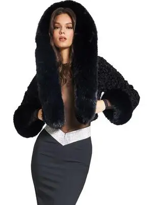 MISS CIRCLE Kali Cropped Faux Fur Hooded Jacket - Black