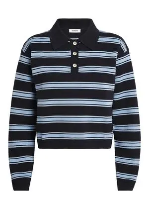 Sandro Striped Cotton, Silk, And Linen Polo Shirt - Blue