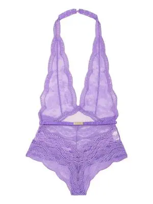 Gucci Belted Stretch-lace And Silk-blend Tulle Halterneck Bodysuit - Purple