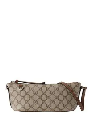 Gucci GG Emblem Leather-Trimmed Printed Coated-Canvas Shoulder Bag Neutrals