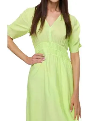 BOSS Puff-sleeve Smocked Midi Dress - Green