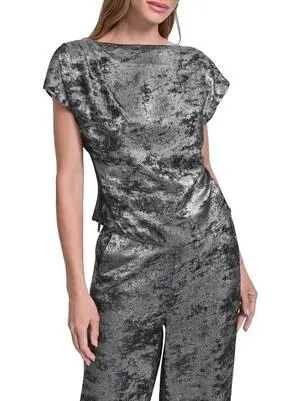 Dkny Flutter Sleeve Liquid Velvet Top - Silver