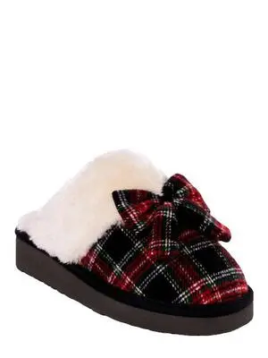 Minnetonka Bow Faux Fur Scuff Slipper - Black Tartan Plaid