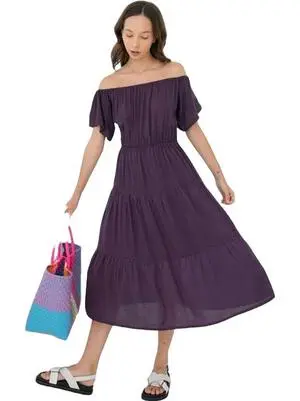Pink Haley Regina Off-the-shoulder Midi Dress - Purple