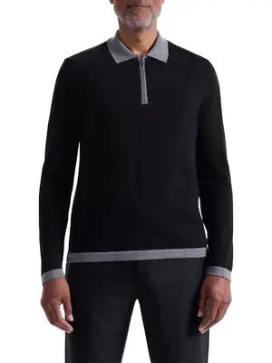 Bugatchi Long Sleeve Merino Wool Quarter Zip Polo Sweater - Black