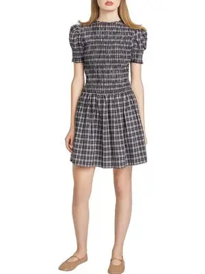 WAYF Eloise Smocked Plaid Mini Dress - Black Plaid