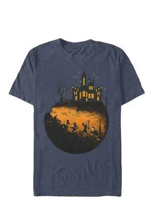 MICKEY & FRIENDS Halloween Mickey Mouse And Haunted House Graphic T-shirt - Navy Blue Heather