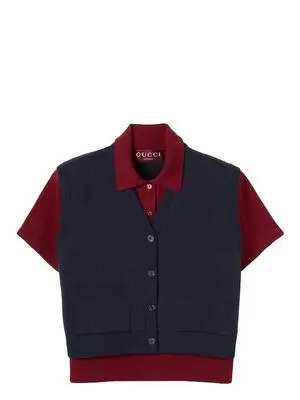 Gucci Wool Silk Polo Top With Vest Overlay - Blue