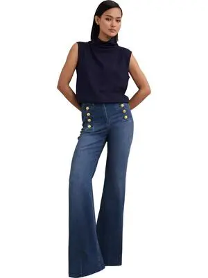 REISS Athena Button-Detail Flared Jeans Mid Blue