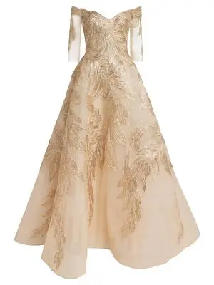 Monique Lhuillier Tulle Feather-embroidered Gown - Gold