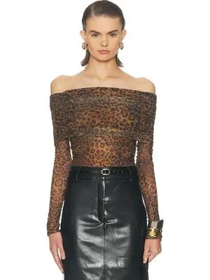 Lapointe Printed Mesh Off-the-shoulder Top - Leopard