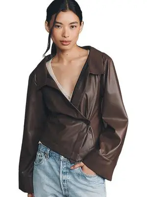 Maeve Faux-leather Wrap Top - Hot Fudge