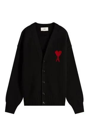 Ami Felted Merino Wool Knit Adc Cardigan - Noir/rouge