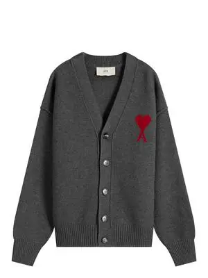Ami Felted Merino Wool Knit Adc Cardigan - Gris Chine/rouge