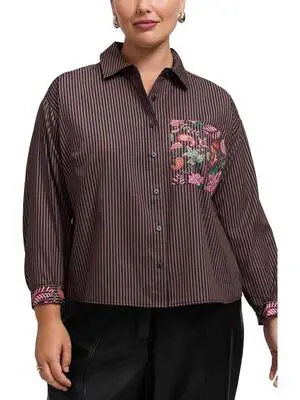 Foxcroft Marina Contrast Pocket Stripe Cotton Poplin Button-Up Shirt Brown Multi