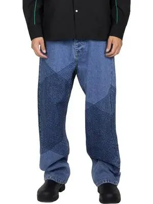 PLEASURES Grid Embroidered Baggy Jeans - Indigo