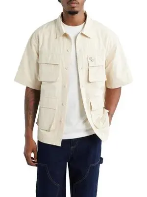 CRIMINAL DAMAGE Patterson Short Sleeve Cotton Button-up Utility Shirt - Ecru