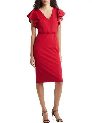 Anne Klein Belted Flutter Sleeve Sheath Dress Titian Red