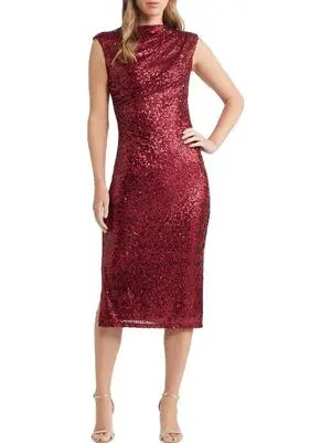 Anne Klein Draped Sleeveless Sequin Sheath Midi Dress - Titian Red