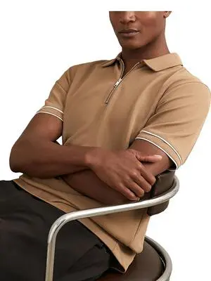 REISS Textured Zip Polo Shirt - Camel