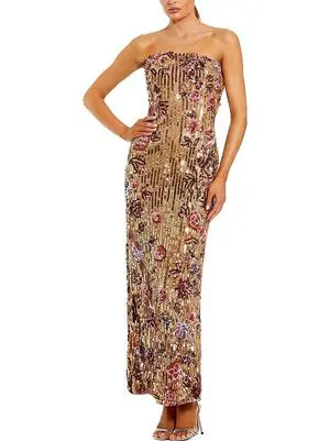 Mac Duggal Floral Sequin Mesh Strapless Column Ankle Dress - Gold Multi