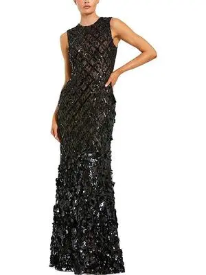 Mac Duggal Sleeveless Beaded Sequin Mesh Mermaid Gown - Black Nude