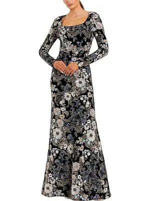 Mac Duggal Embroidered Velvet Scoop Neck Gown - Black Multi