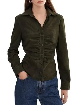 LAMARQUE Ruched Collared Suede Shirt Dark Olive