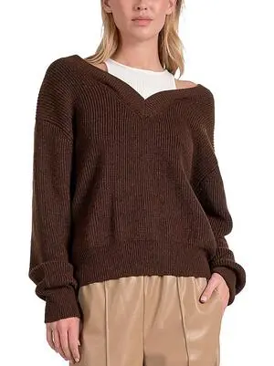 Elan Deep V-neck Pullover Sweater - Brown/ White