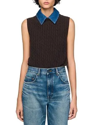 Sandro Cable Knit Sweater With Denim Collar - Brown