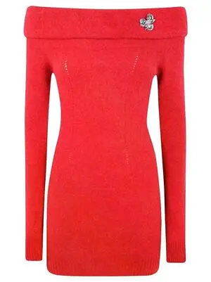 Blumarine Off-shoulder Flower-embellished Dress - Red