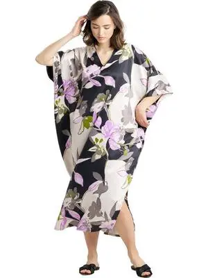 Natori Tsubaki Satin V-neck Caftan - Black / Floral / Multicolor