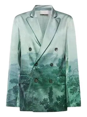 PIERRE-LOUIS MASCIA Landscape-print Double-breasted Blazer - Blue