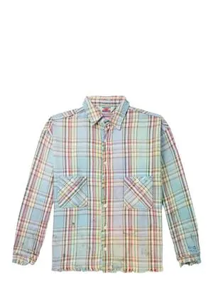SAINT MXXXXXX Frayed Plaid Shirt - Blue